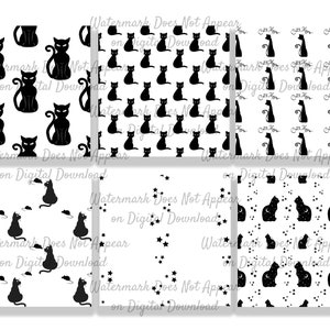 Black and White Cat Seamless Digital Paper Pack - Cute Cats, Moons ...