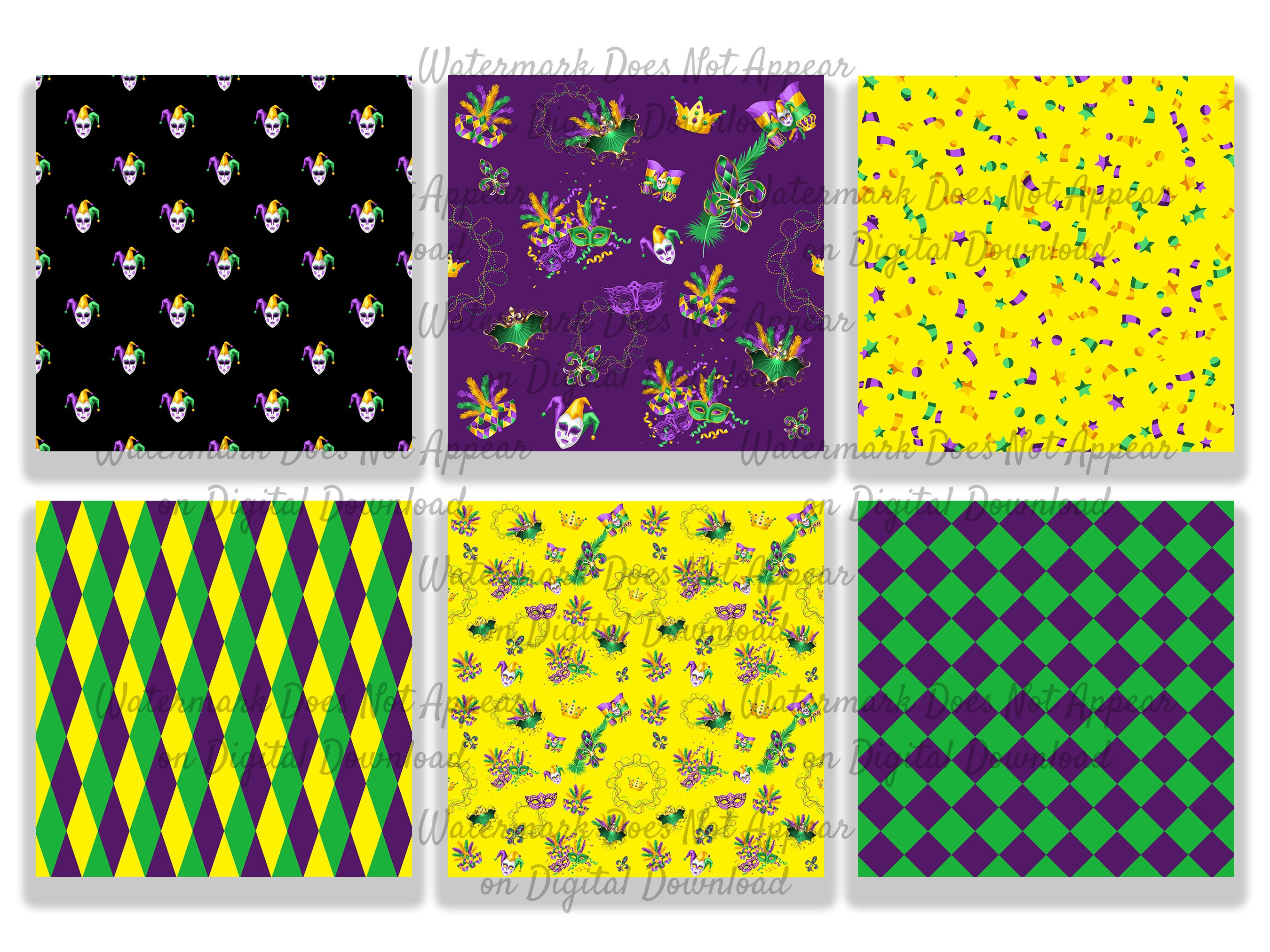 Mardi Gras Paper, Beads Masks Jesters, Purple Green Gold, 24 Seamless ...