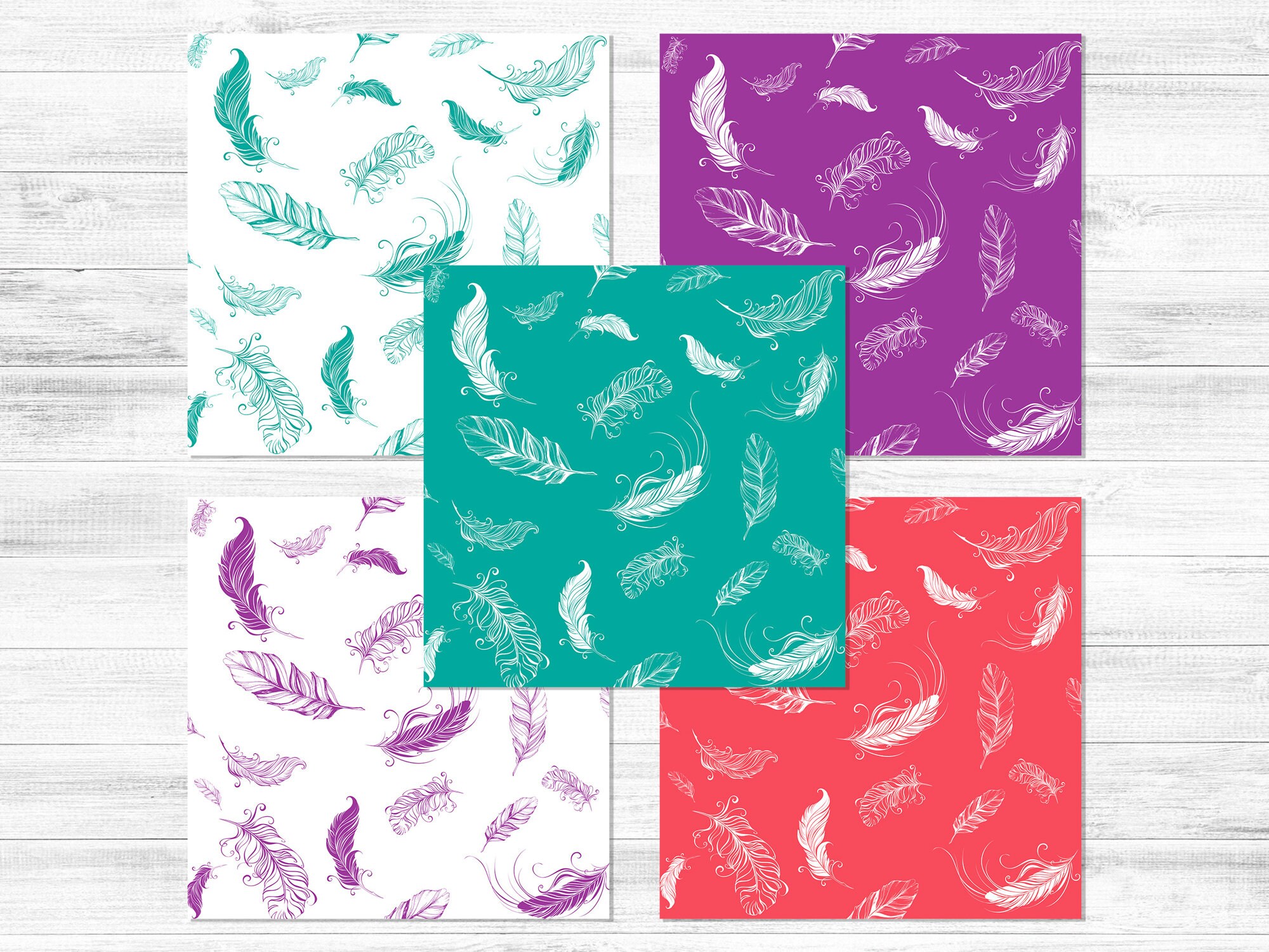 20 Seamless Feather Design, Colorful Digital Papers, Instant Printable ...