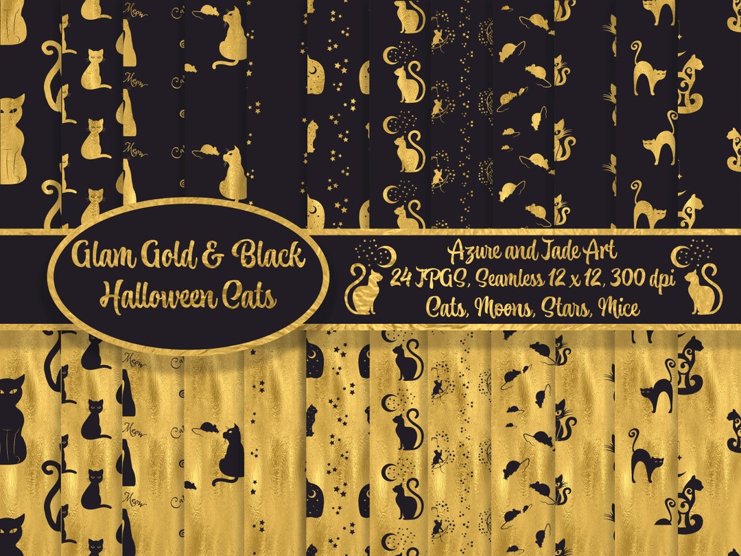 Luxury Glam Black and Metallic Gold Halloween Digital Papers | Cats ...