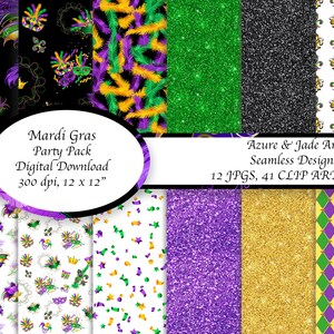Mardi Gras Clip Art Bundle, 12 Paper Pack Set, Beads Masks Jesters ...