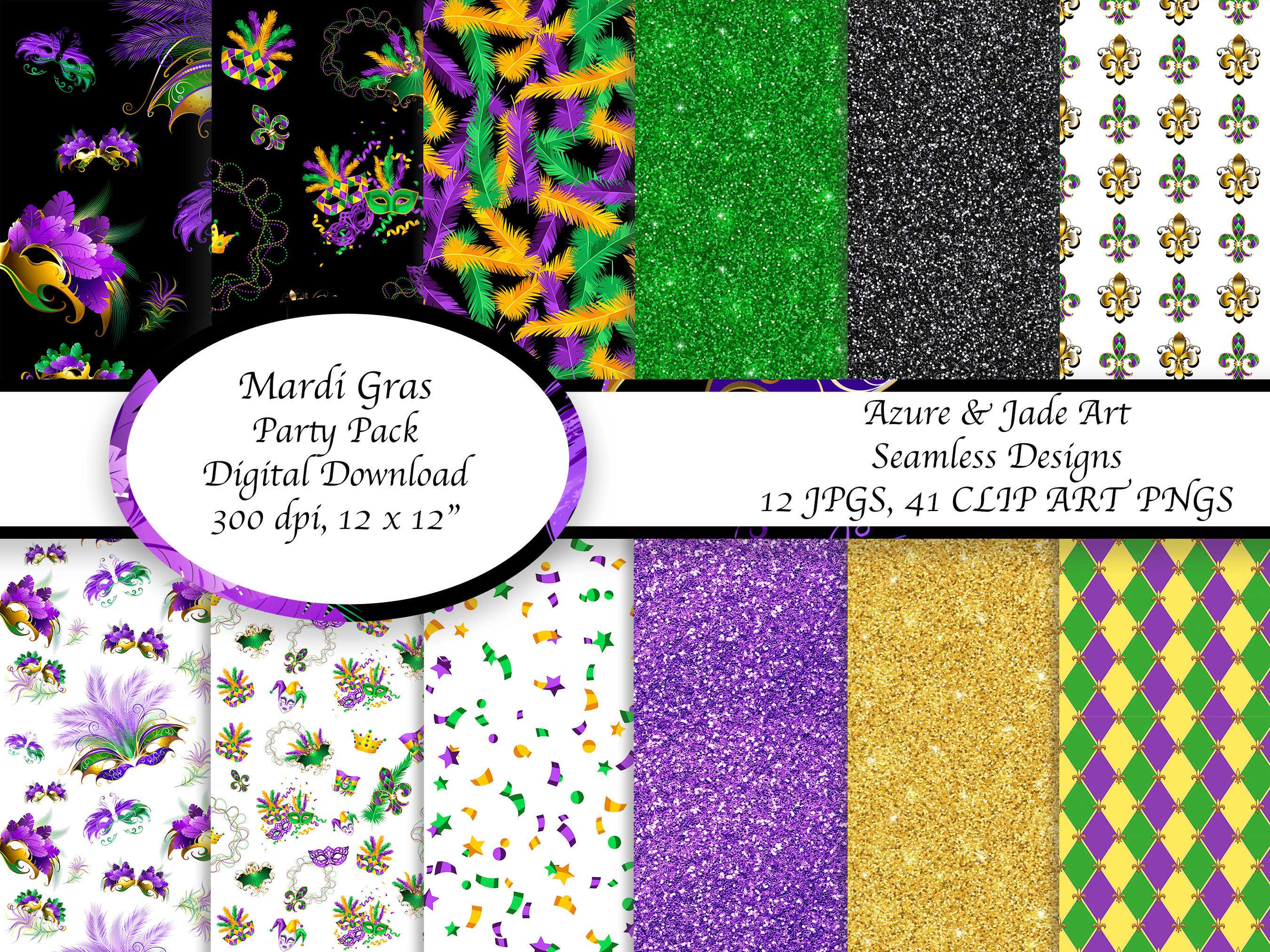 Mardi Gras Clip Art Bundle, 12 Paper Pack Set, Beads Masks Jesters ...