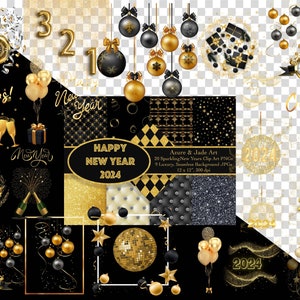 2024 New Years Clip Art Set | Glam Gold Black 20 Clips + 9 Seamless ...