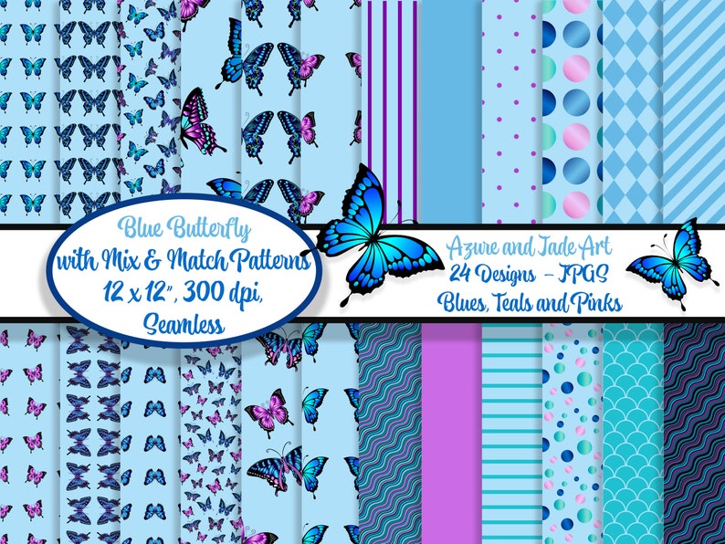 24 Butterfly Papers, Digital Download, Blue Butterflies, Pink Purple ...