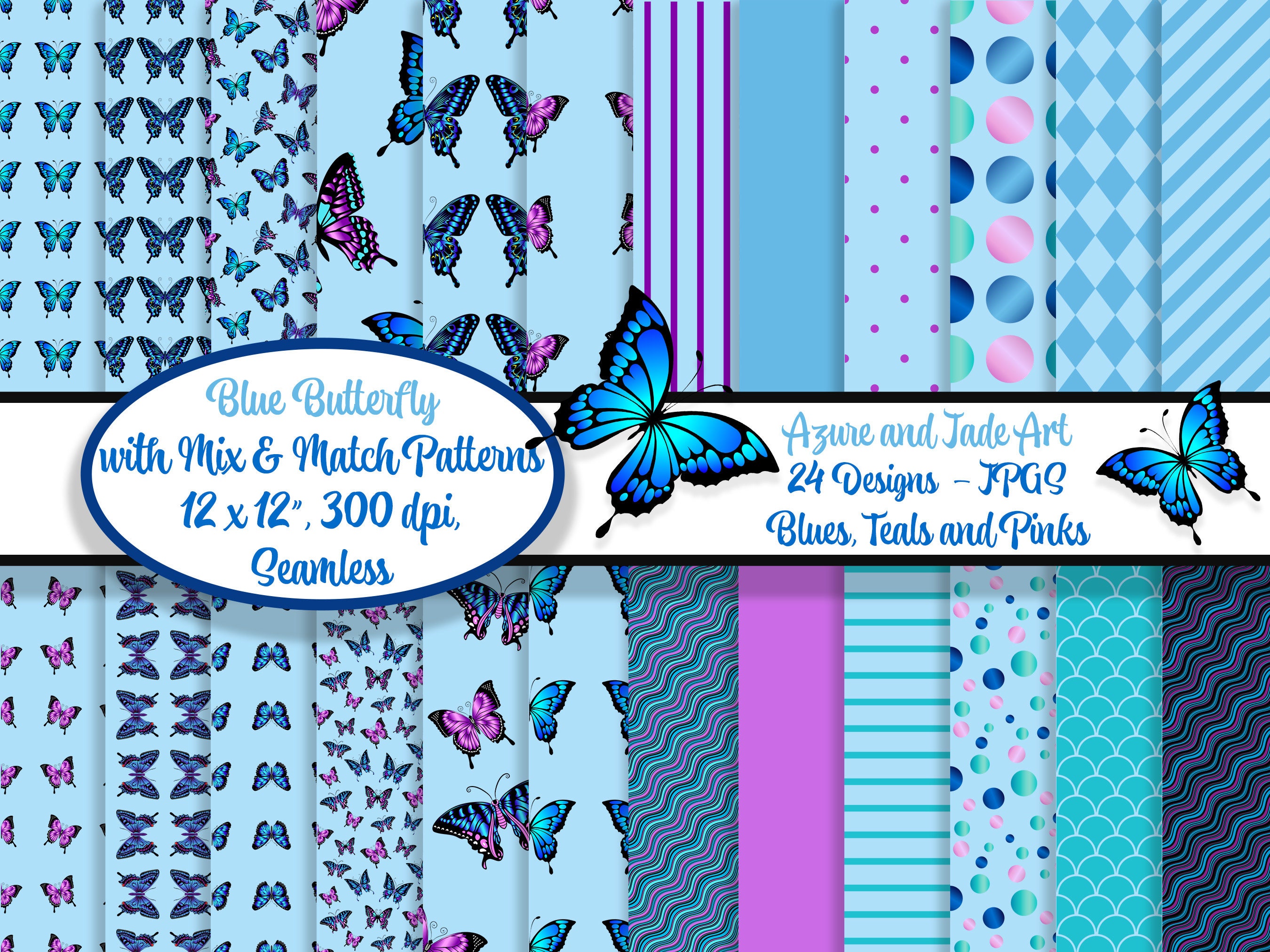 24 Butterfly Papers, Digital Download, Blue Butterflies, Pink Purple ...