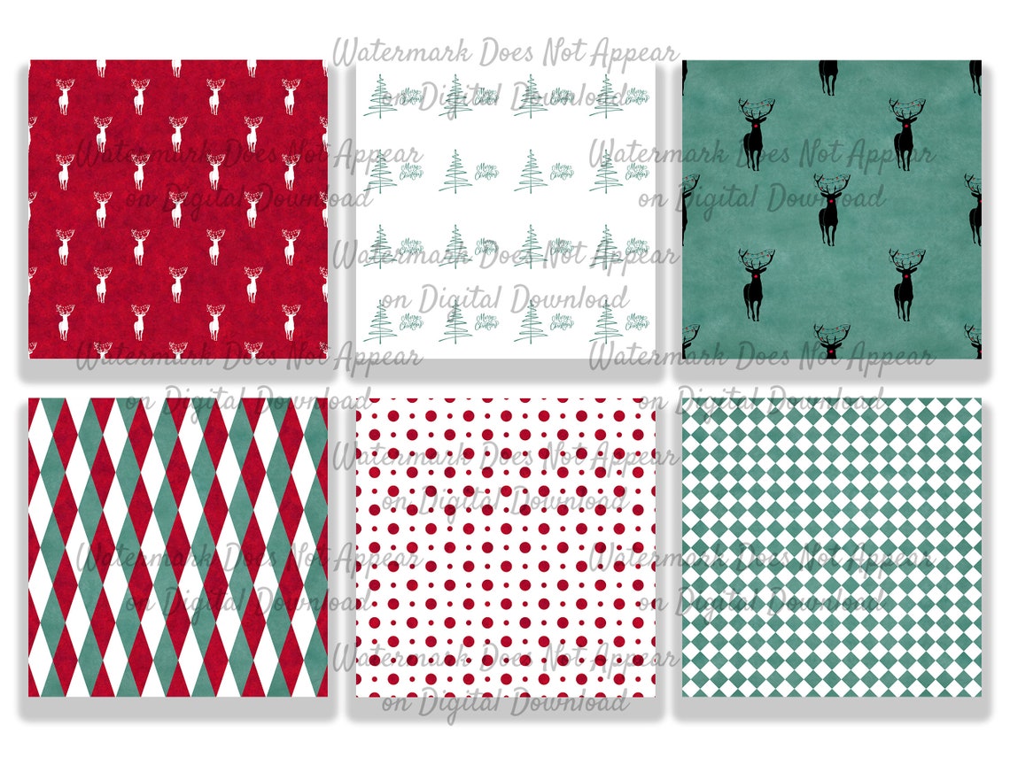 24 Ruby Red & Green Digital Papers, Red White Christmas, Deer Design ...