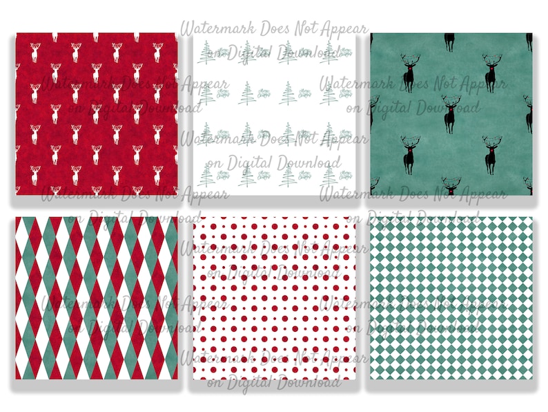 24 Ruby Red & Green Digital Papers, Red White Christmas, Deer Design ...