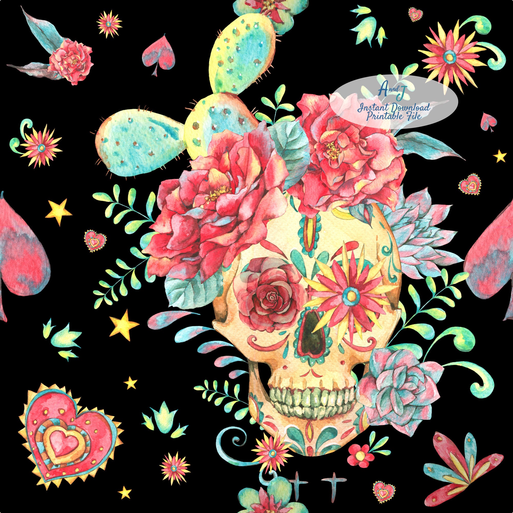 Sugar Skull Digital Set, Day of the Dead Digital Download, Seamless ...