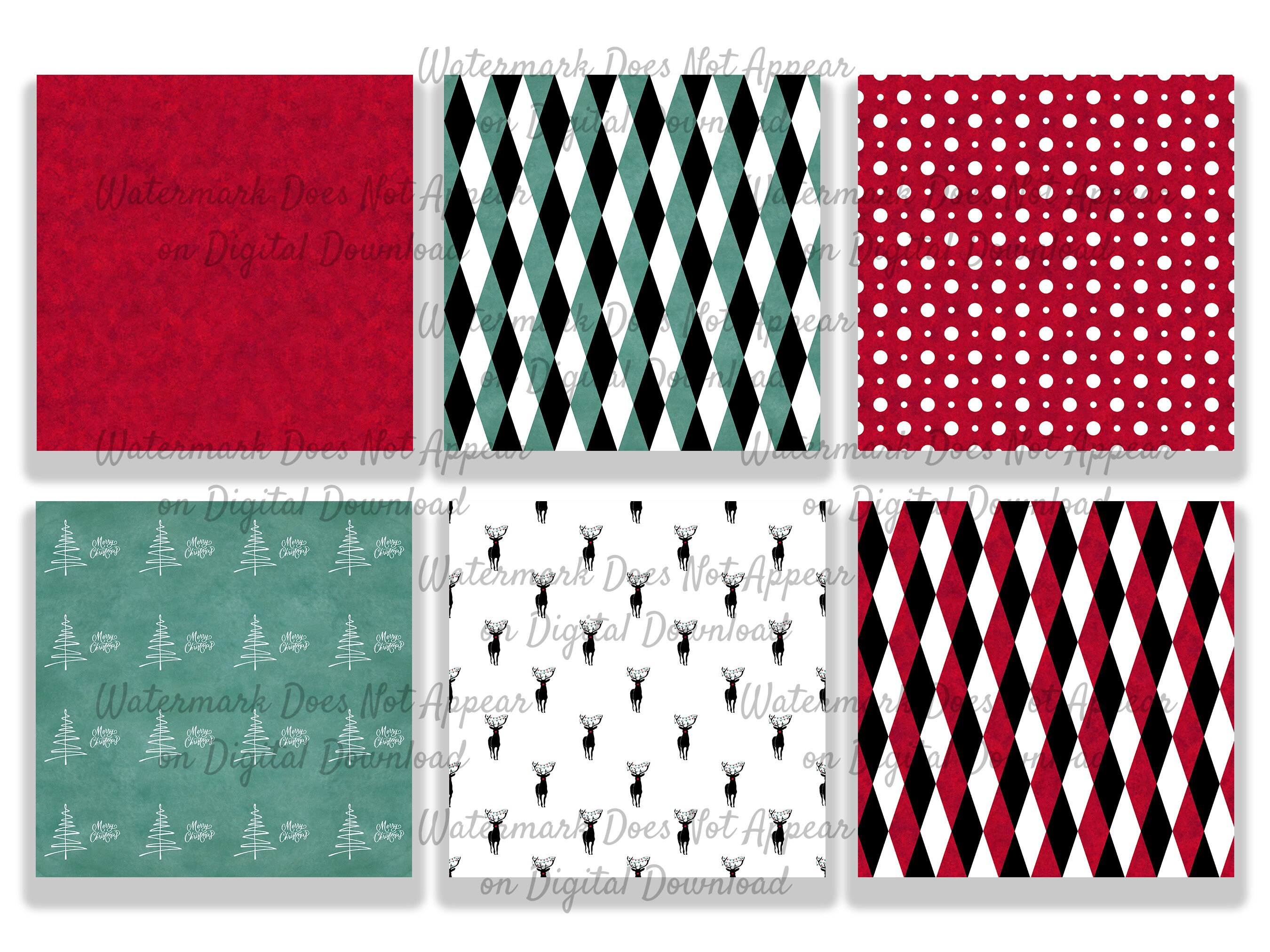 24 Ruby Red & Green Digital Papers, Red White Christmas, Deer Design ...