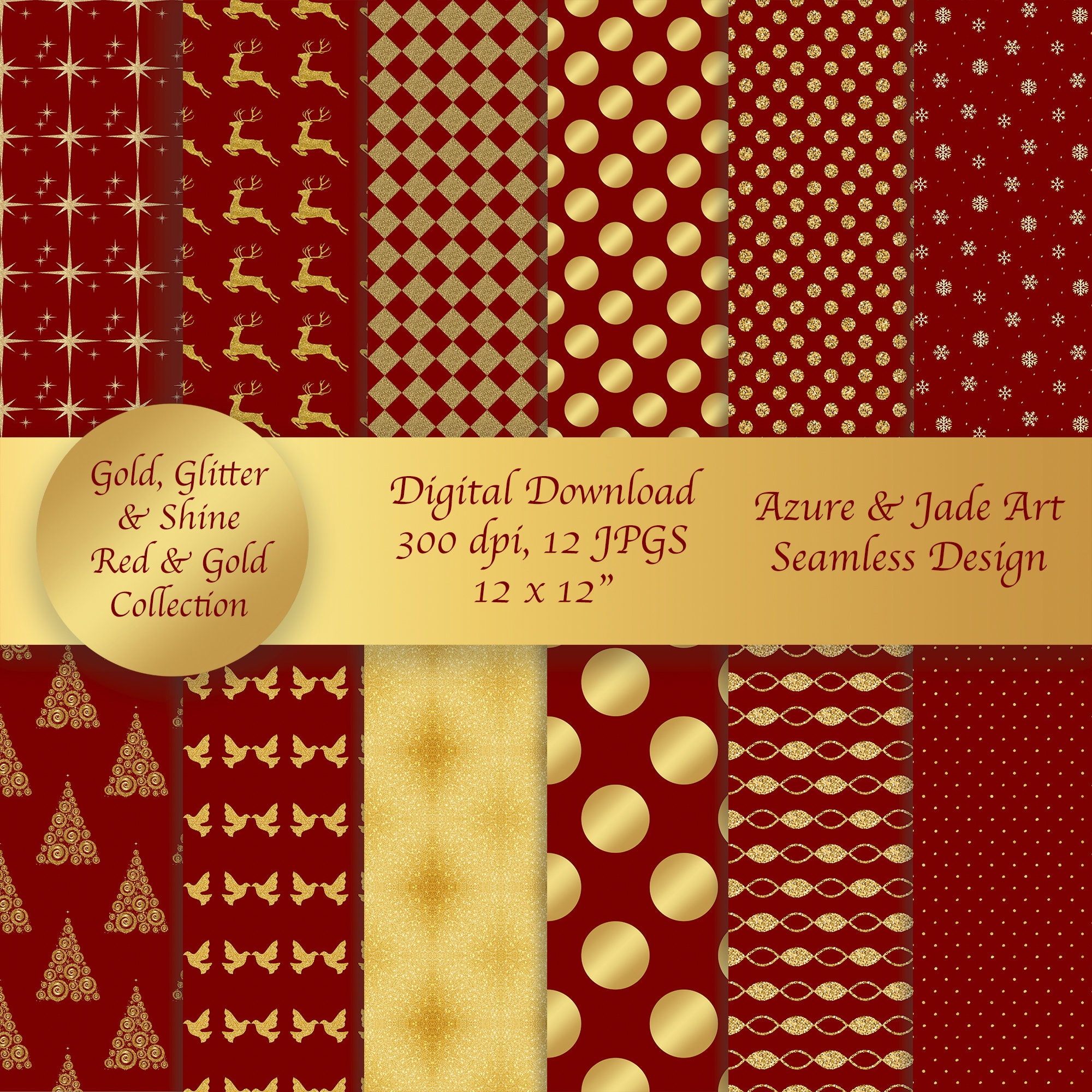 12 Gold and Black Holiday Paper Set, Seamless Christmas Pattern ...