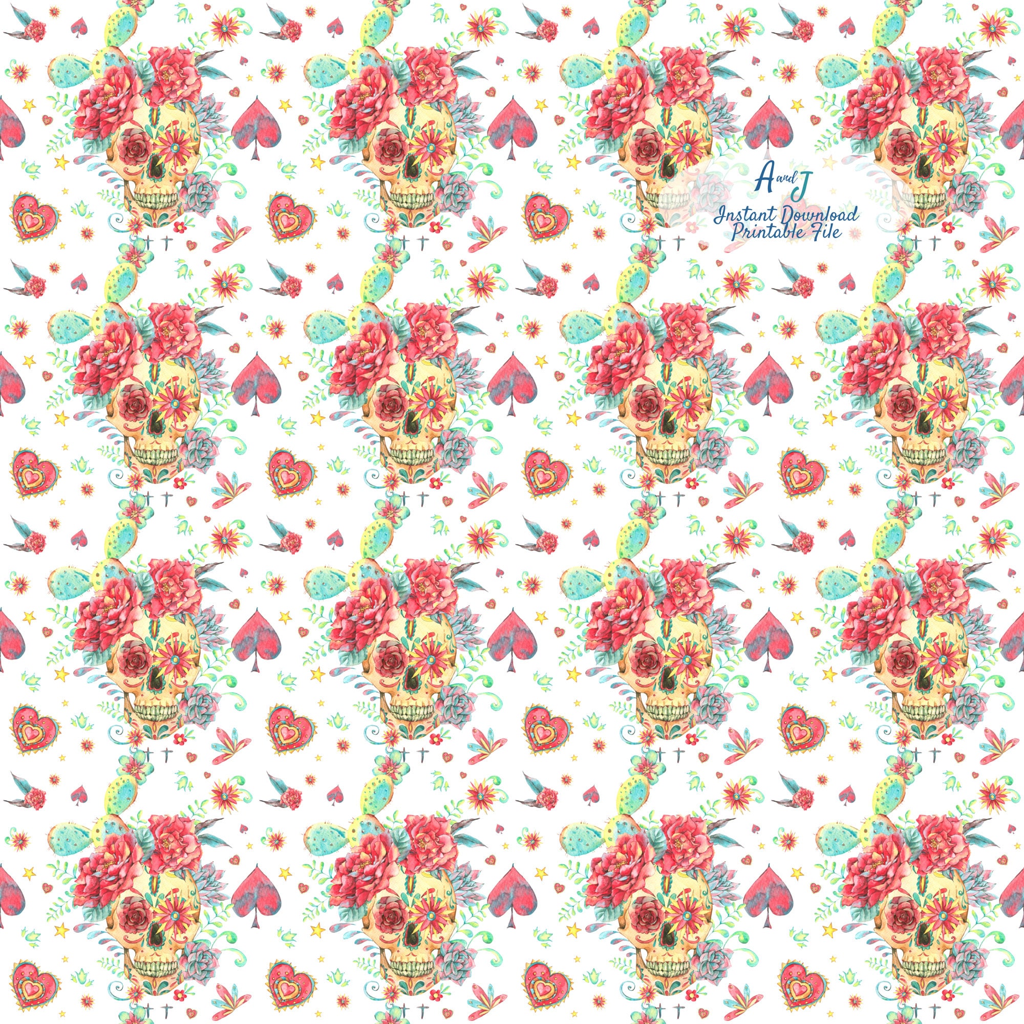 Sugar Skull Digital Set, Day of the Dead Digital Download, Seamless ...