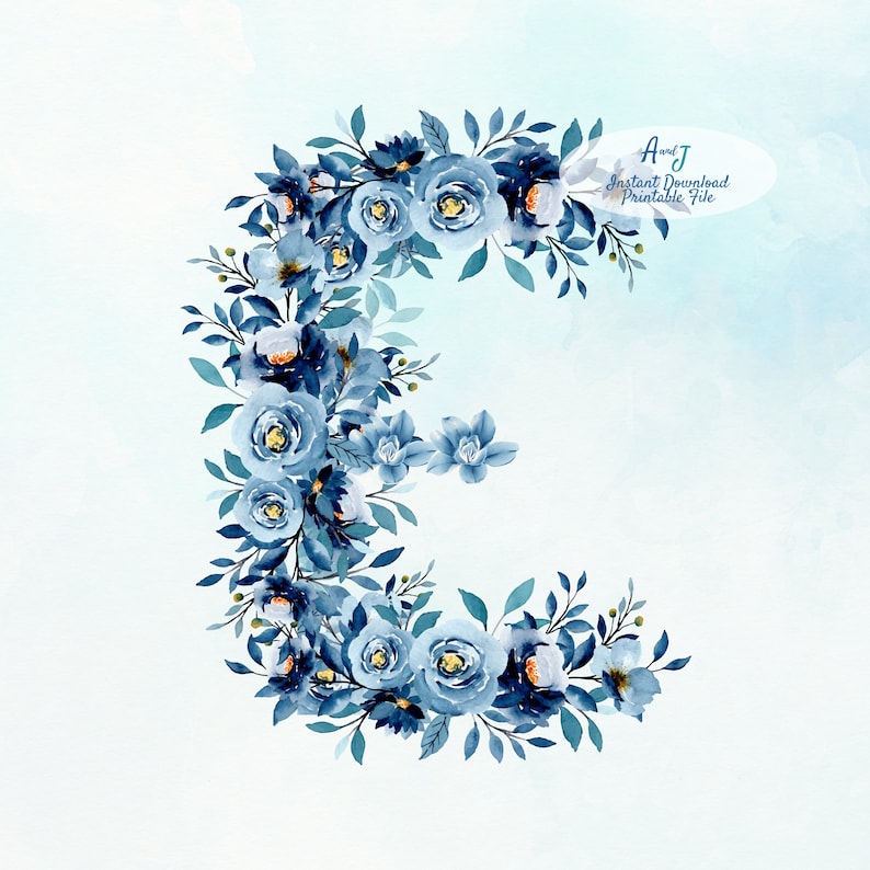 Love Letter Art, Blue Flower Word Instant Printable, Square Print Set ...