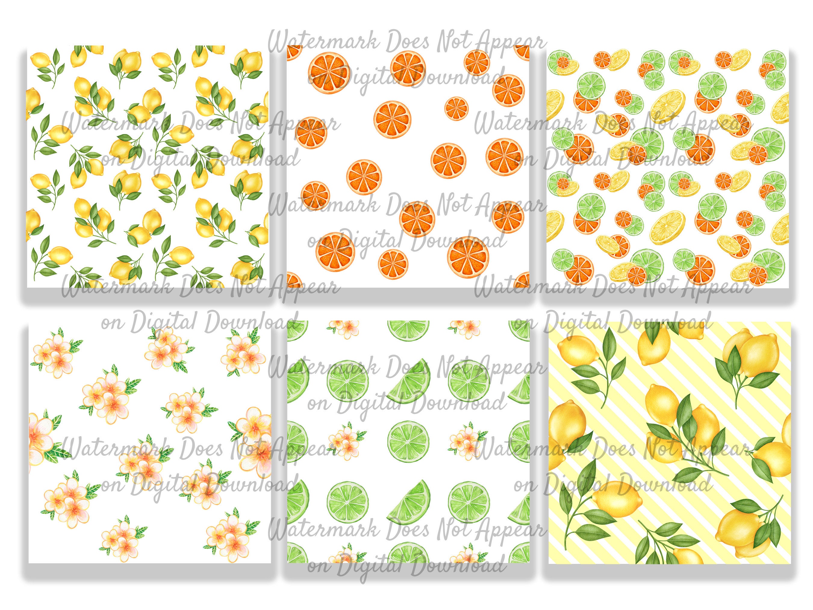 24 Citrus Fruit Papers, Lemons Limes Oranges, Lemon Pattern, Seamless ...