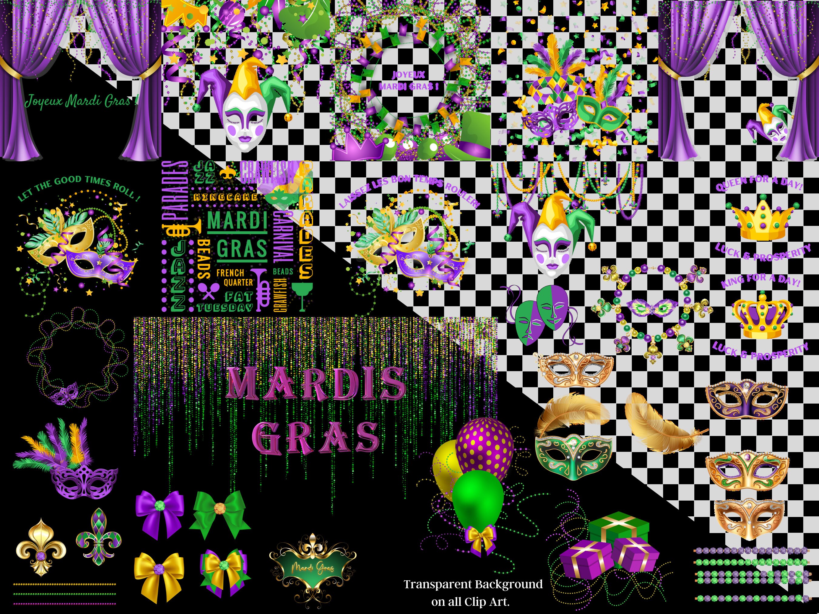 Mardi Gras Clip Art Bundle, 12 Paper Pack Set, Beads Masks Jesters ...