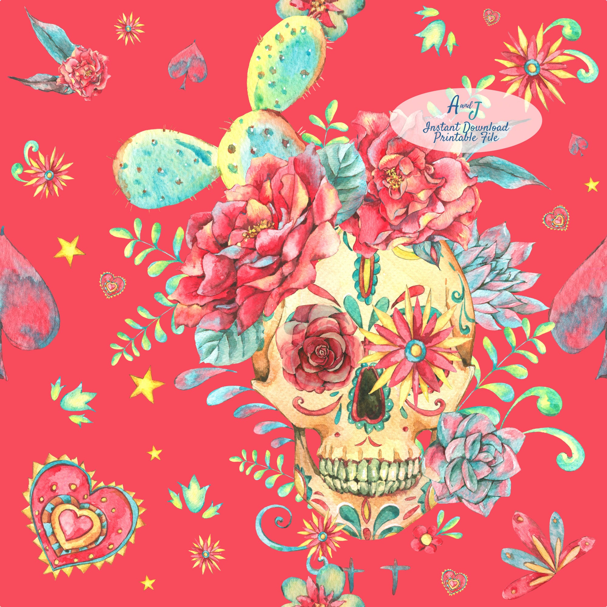 Sugar Skull Digital Set, Day of the Dead Digital Download, Seamless ...
