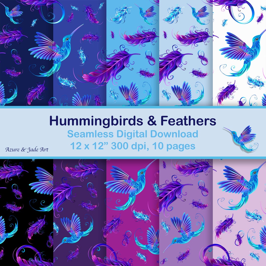Purple Blue Hummingbirds, Seamless Pattern, 10 Digital Papers, Craft ...