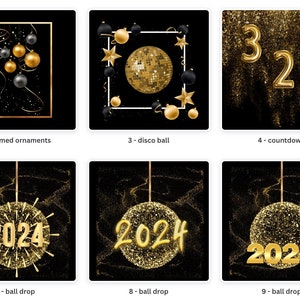2024 New Years Clip Art Set | Glam Gold Black 20 Clips + 9 Seamless ...