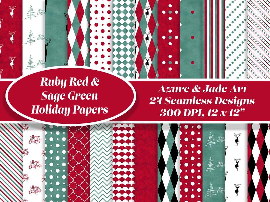 24 Ruby Red & Green Digital Papers, Red White Christmas, Deer Design ...