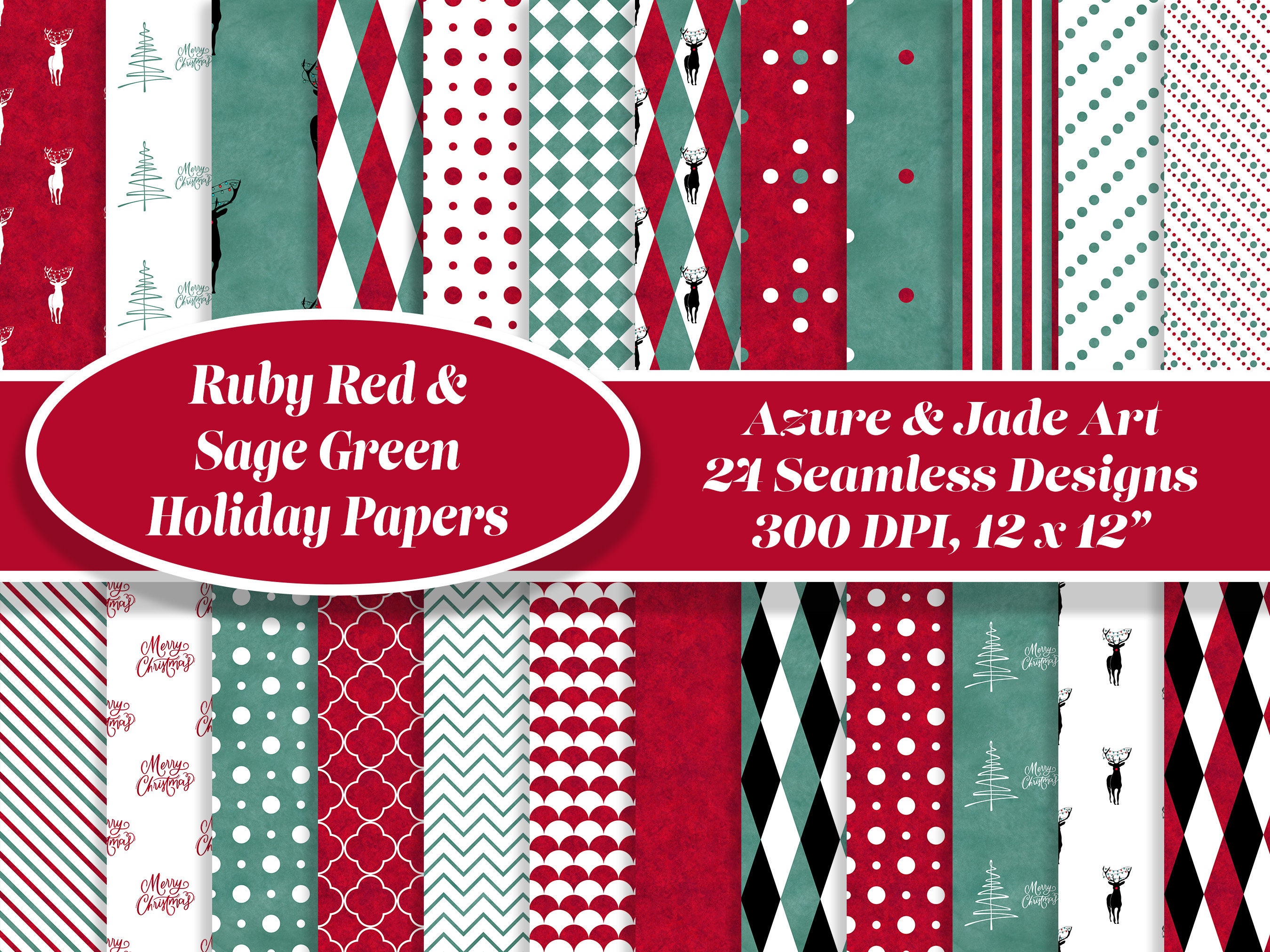 24 Ruby Red & Green Digital Papers, Red White Christmas, Deer Design ...