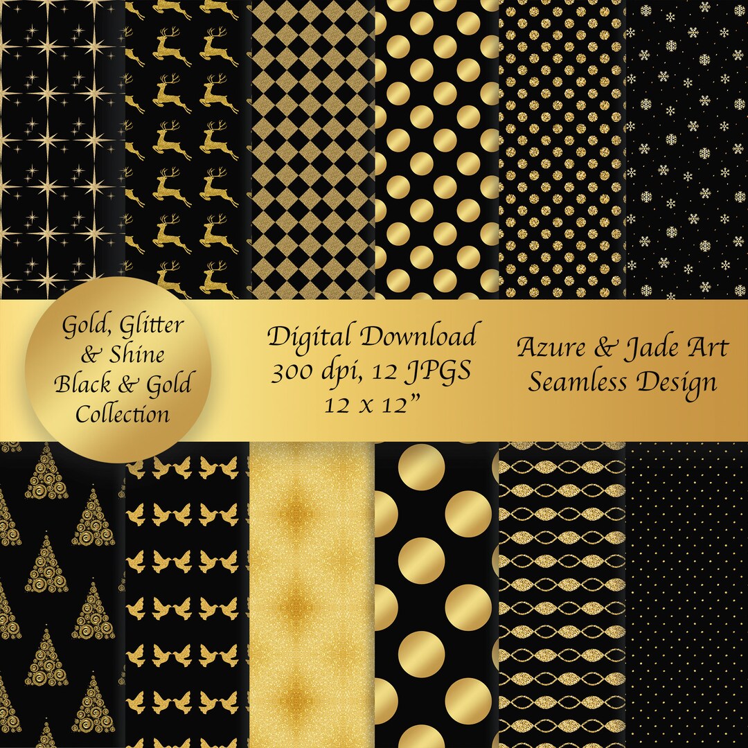 12 Gold and Black Holiday Paper Set, Seamless Christmas Pattern ...