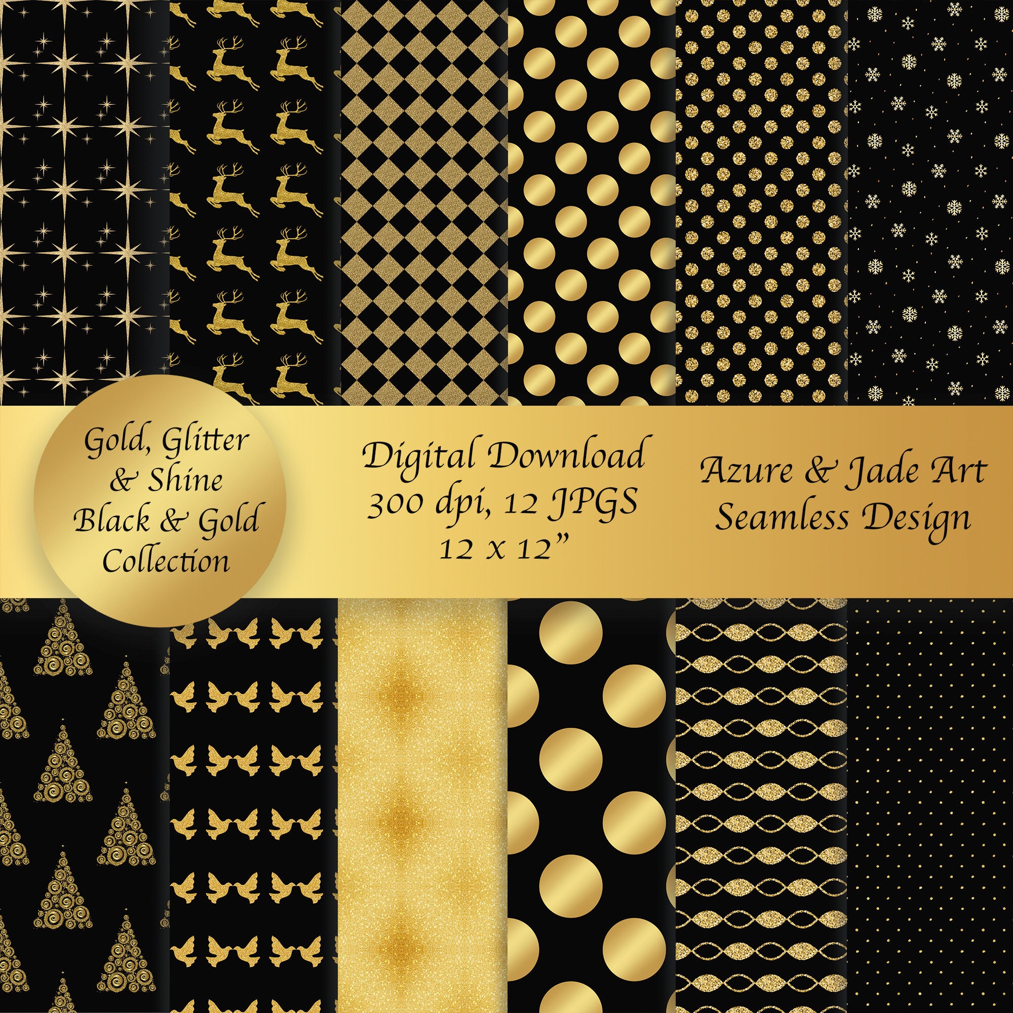 12 Gold and Black Holiday Paper Set, Seamless Christmas Pattern ...