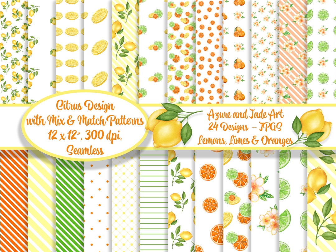 24 Citrus Fruit Papers, Lemons Limes Oranges, Lemon Pattern, Seamless ...