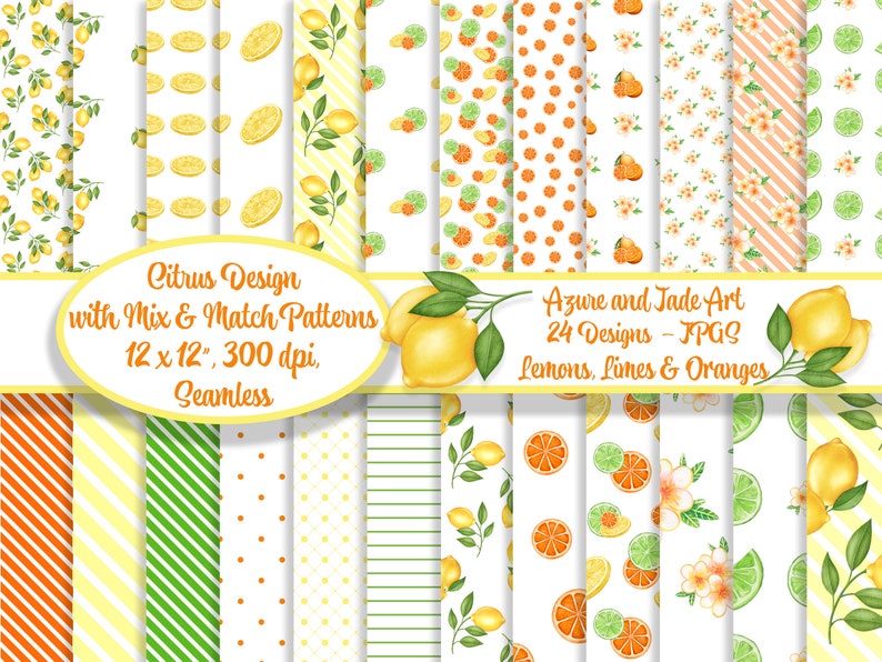 24 Citrus Fruit Papers, Lemons Limes Oranges, Lemon Pattern, Seamless ...