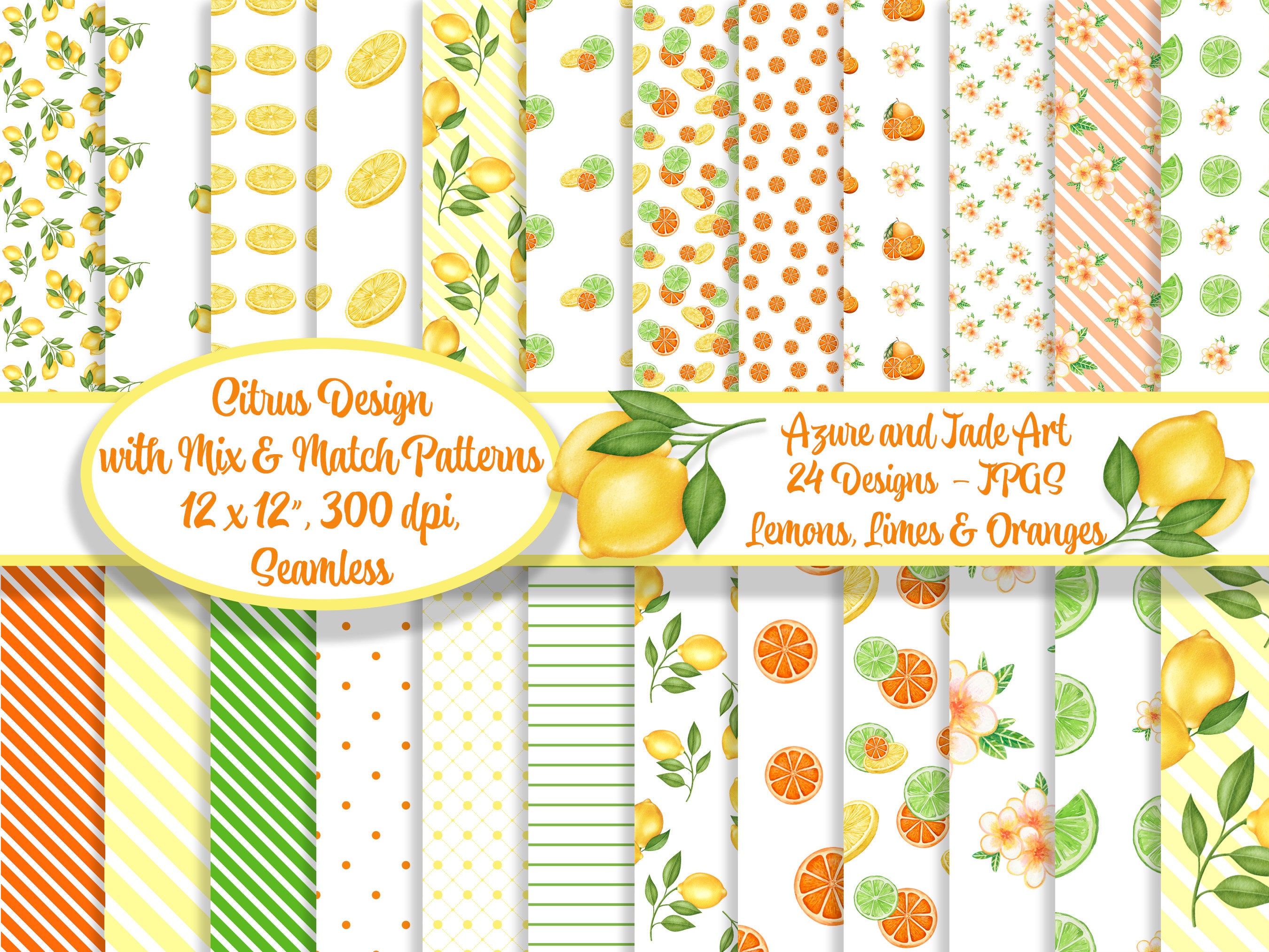 24 Citrus Fruit Papers, Lemons Limes Oranges, Lemon Pattern, Seamless ...