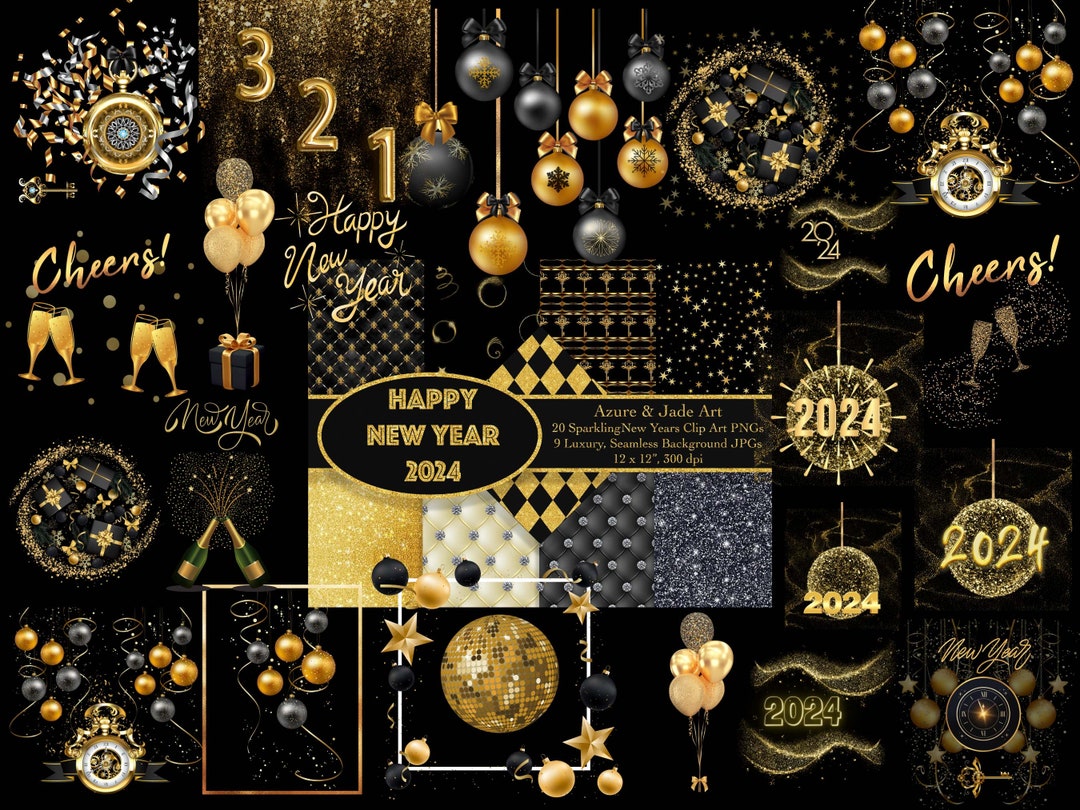 2024 New Years Clip Art Set | Glam Gold Black 20 Clips + 9 Seamless ...