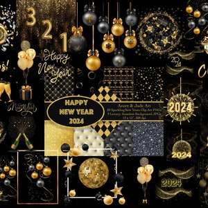 2024 New Years Clip Art Set | Glam Gold Black 20 Clips + 9 Seamless ...