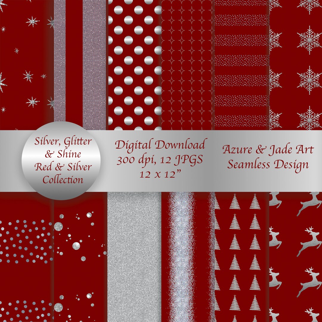 12 Silver Red Christmas Digital Paper, Seamless Pattern, Sparkle ...