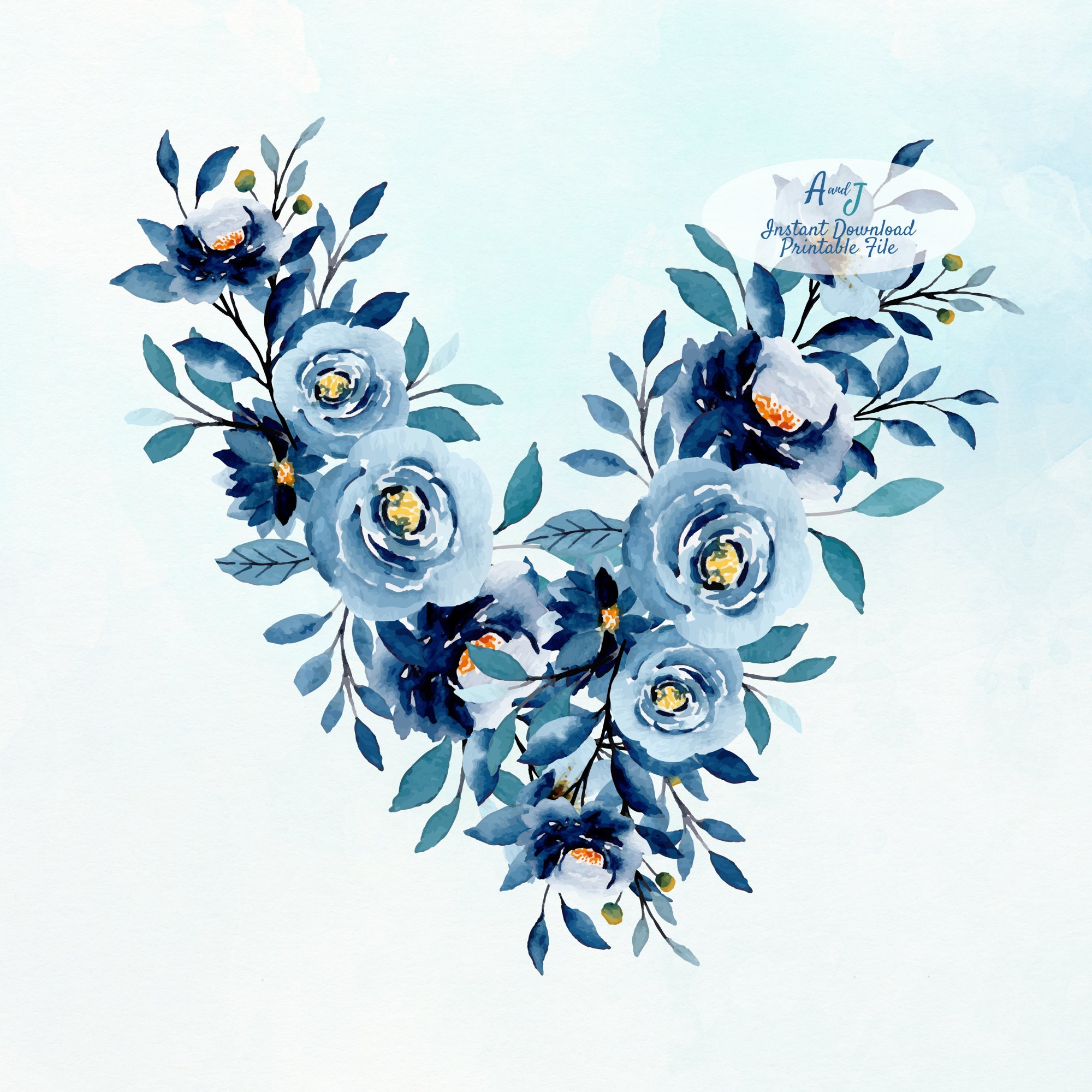 Love Letter Art, Blue Flower Word Instant Printable, Square Print Set ...