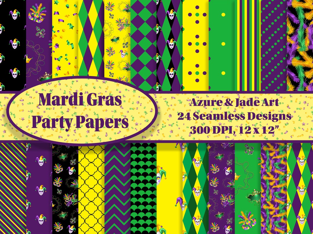 Mardi Gras Paper, Beads Masks Jesters, Purple Green Gold, 24 Seamless ...