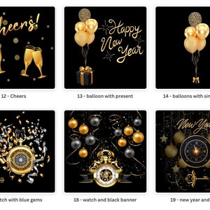 2024 New Years Clip Art Set | Glam Gold Black 20 Clips + 9 Seamless ...