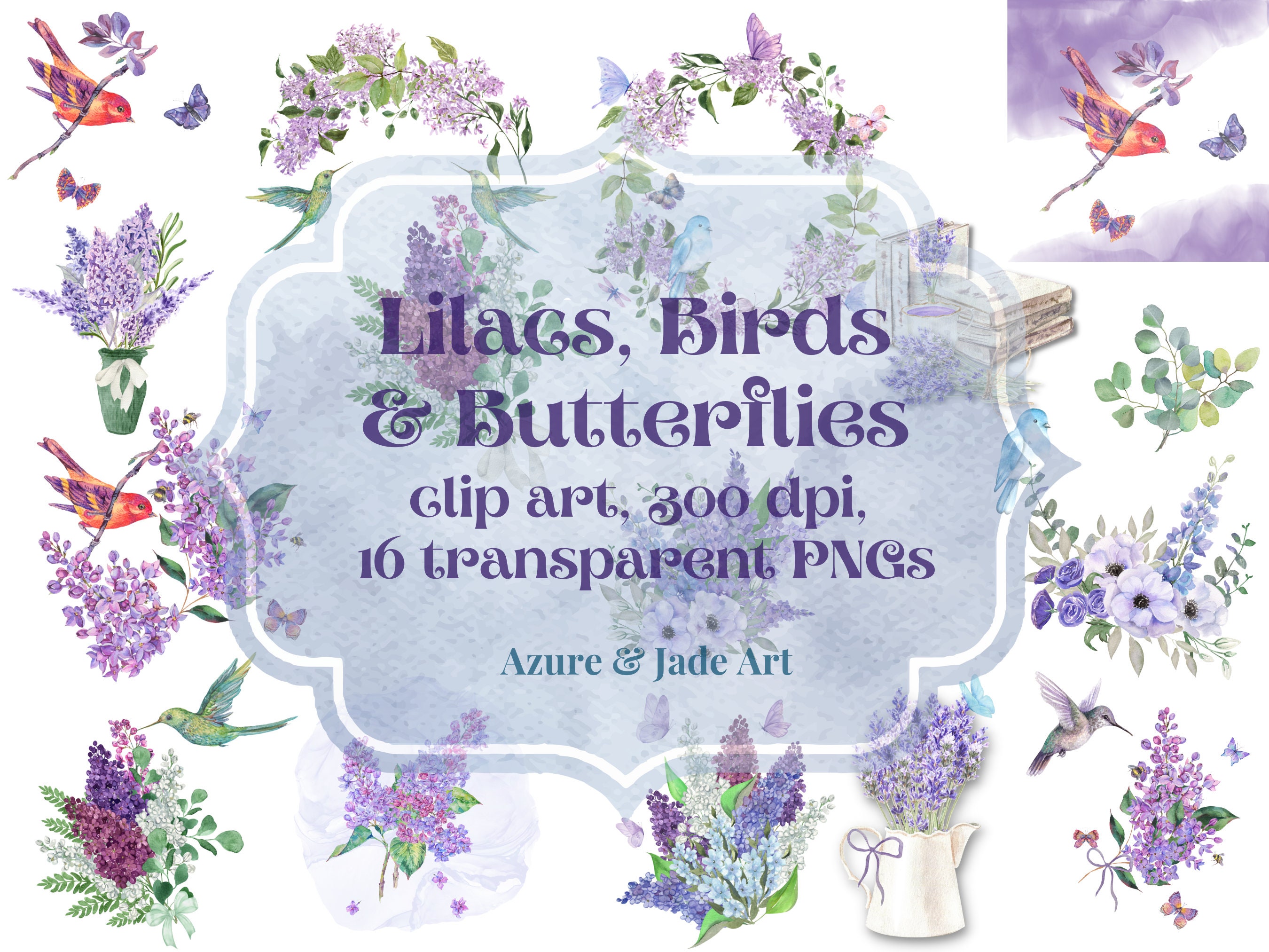 Watercolor Lilac Clipart, 16 Pngs, Lilac Flower, Bluebird, Flower ...
