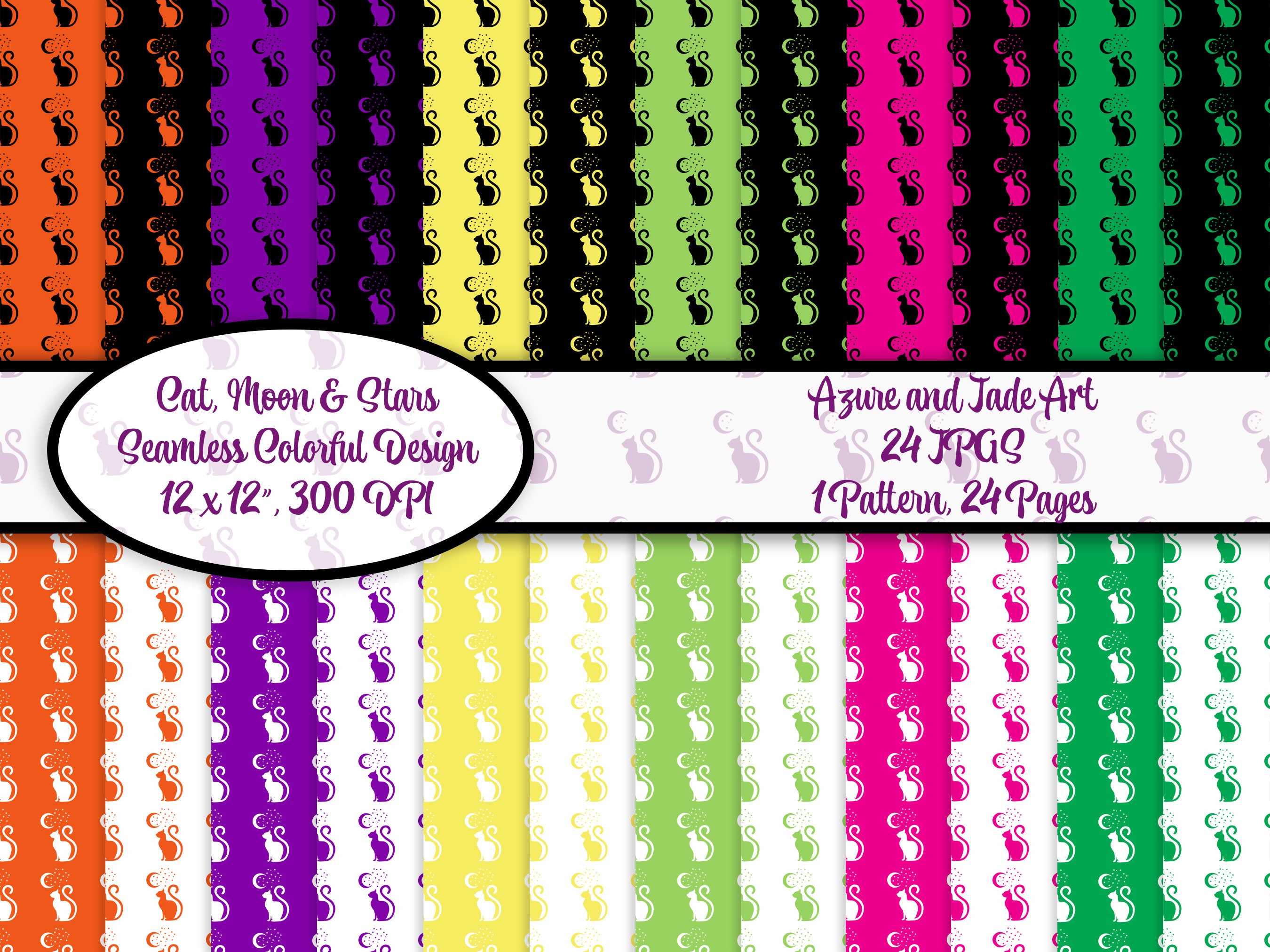 Cat Moon Stars, Cat Digital Downloads, 24 Cat Papers, Halloween Design ...