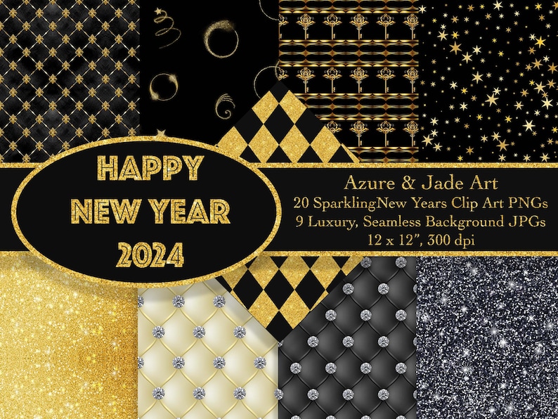 2024 New Years Clip Art Set | Glam Gold Black 20 Clips + 9 Seamless ...