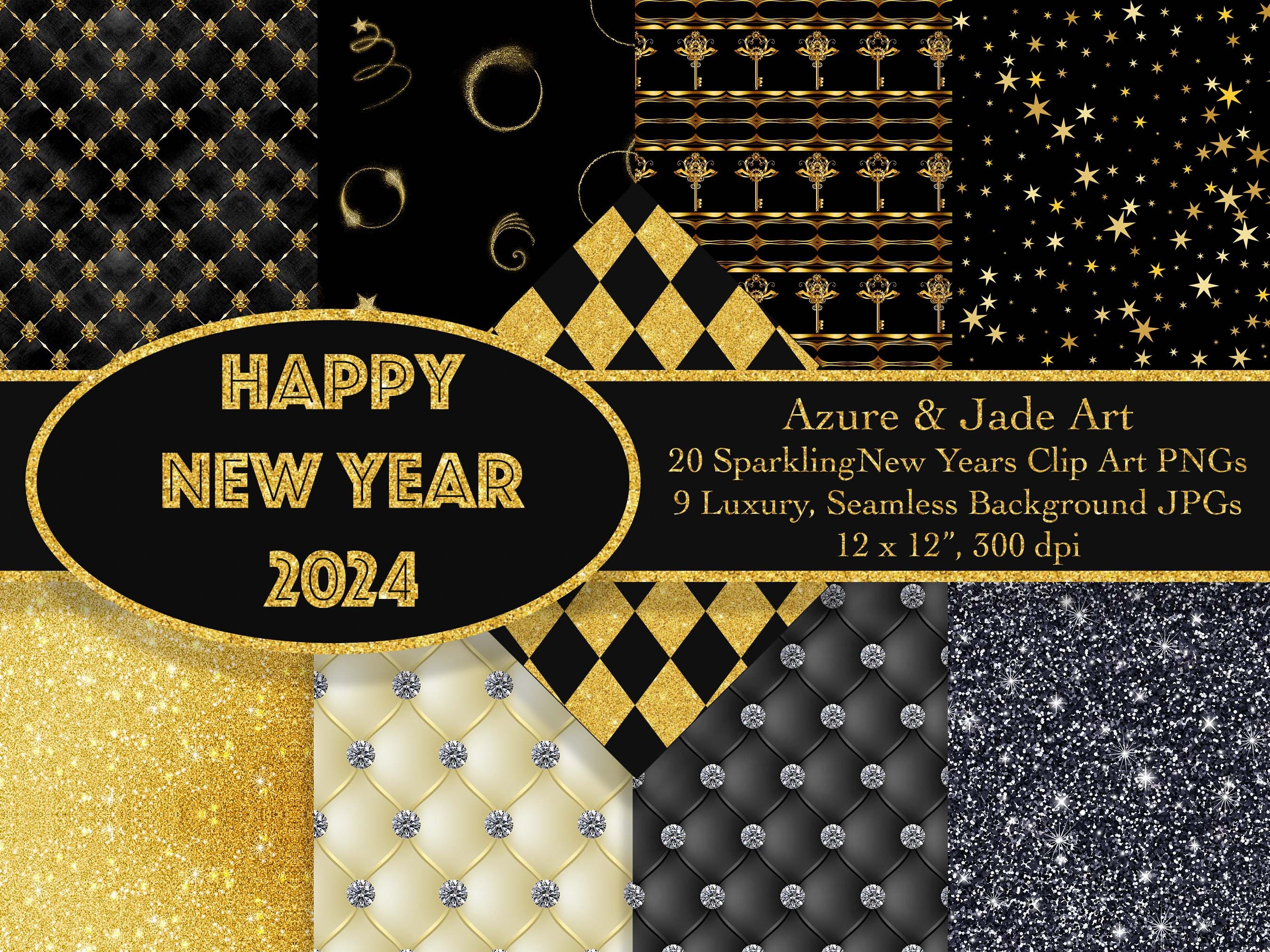 2024 New Years Clip Art Set | Glam Gold Black 20 Clips + 9 Seamless ...