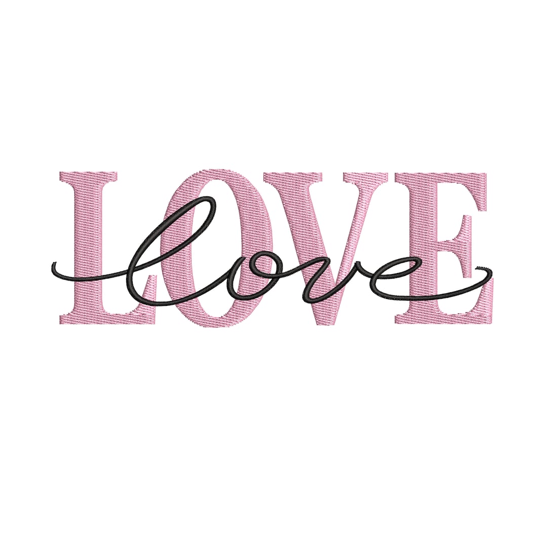Love Text Embroidery Design, Valentine Day Stylized Word Pattern ...