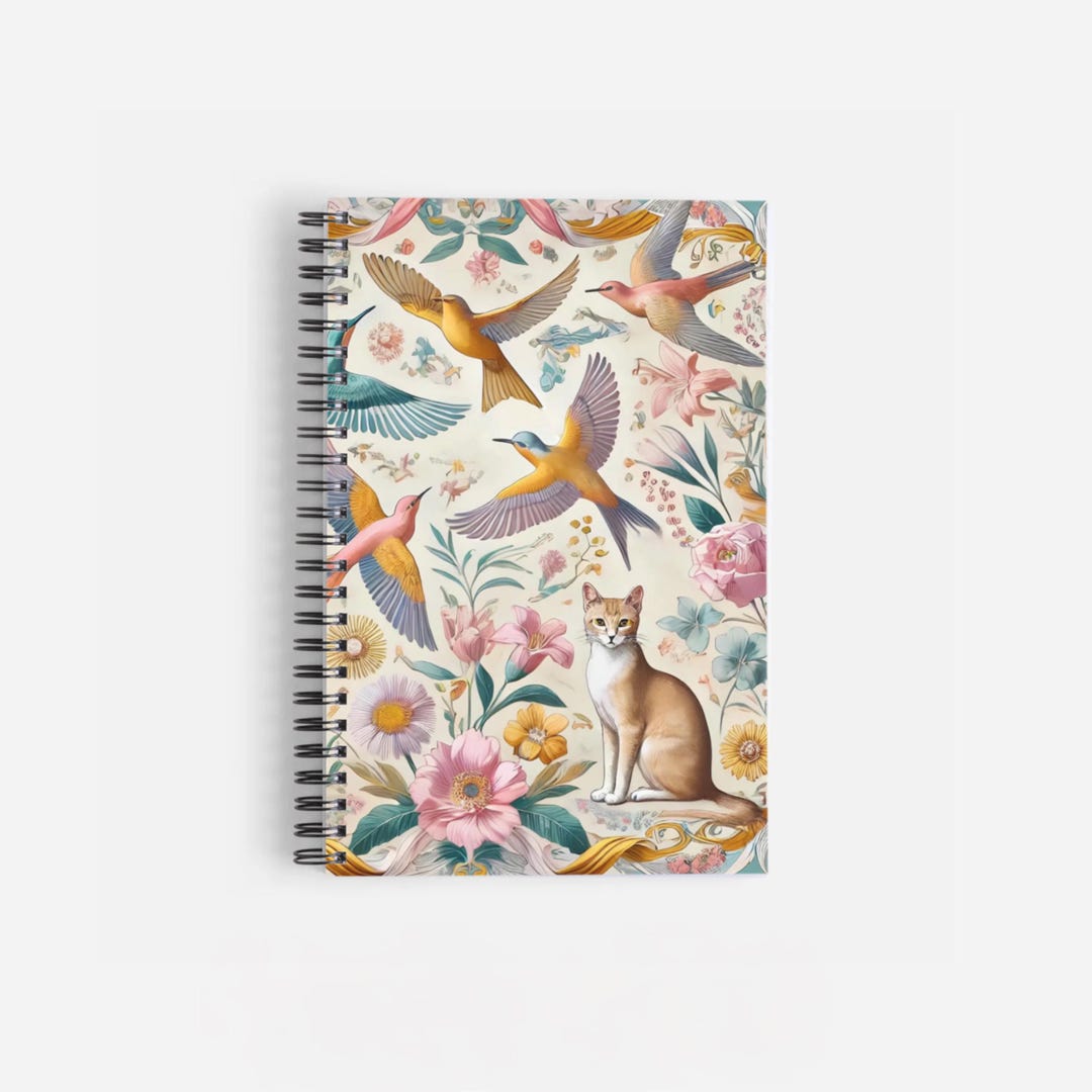 Spiral Notebook With Cat, Hummingbird & Flower Design, High-gloss Cover ...