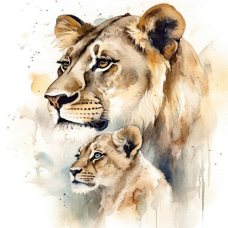 Watercolor Lioness With Cub Set of 10 High Quality Jpgs - Etsy