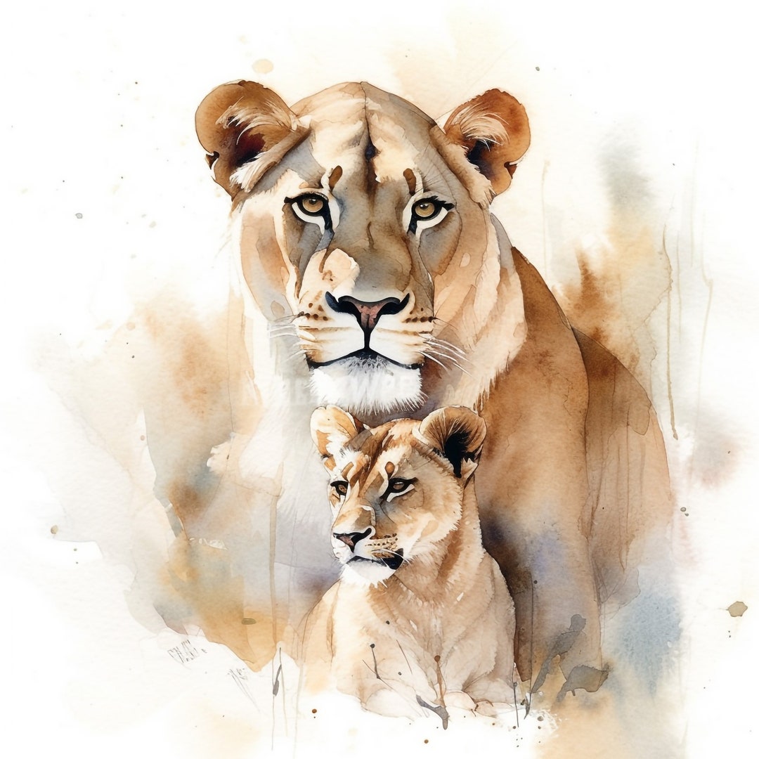 Watercolor Lioness With Cub - Set of 10 High Quality Jpgs - Digital ...