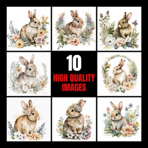 Watercolor Bunnies and Flowers 10 Digital Clipart Bundle High Quality ...