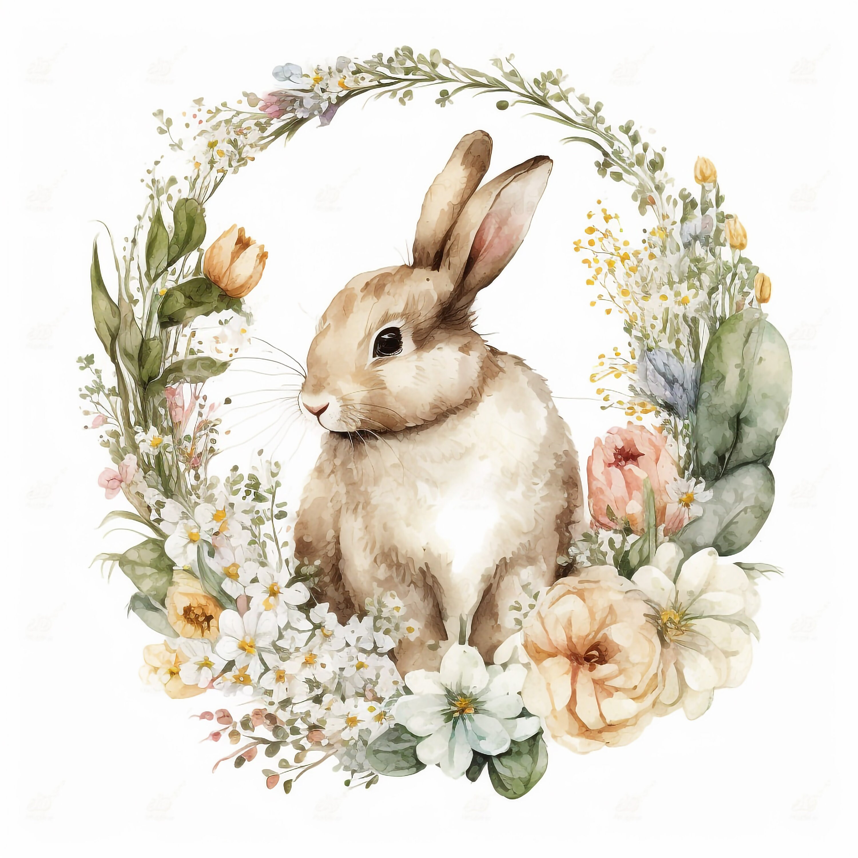 Watercolor Bunnies and Flowers 10 Digital Clipart Bundle High Quality ...