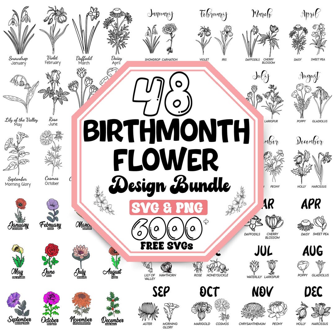 Birth Month Flower SVG Bundle: Botanical Floral Designs (digital ...