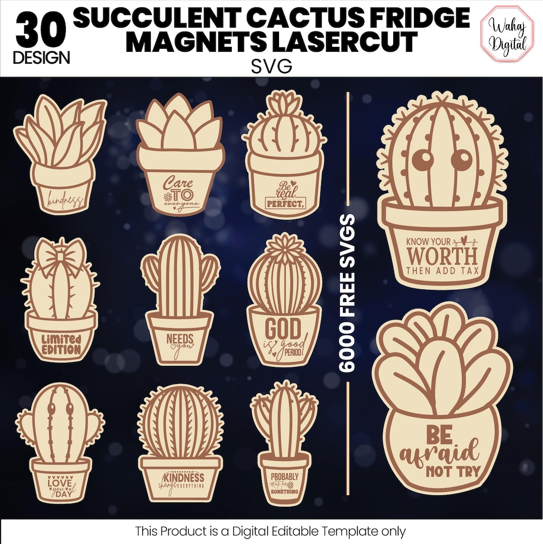 Succulent Cactus Fridge Magnets Laser Cut SVG Bundle (digital Download ...
