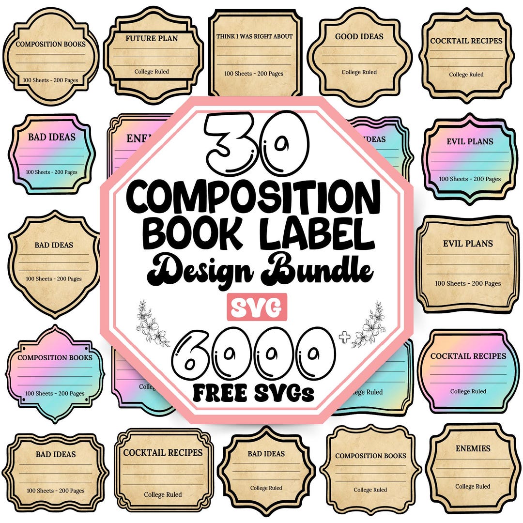 Composition Book Label SVG Bundle | School Notebook Labels (digital ...