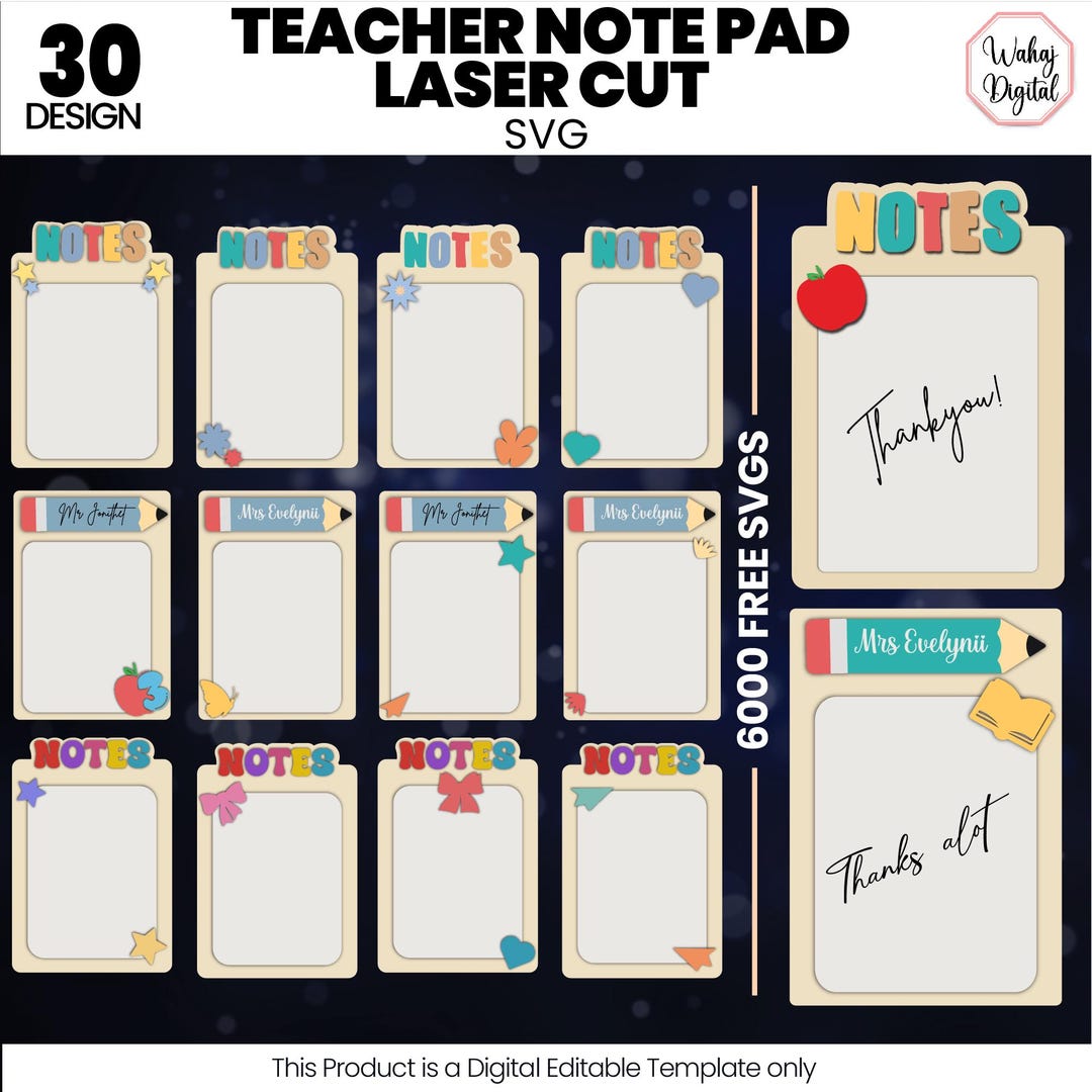 Teacher Notepad Laser Cut SVG Bundle: Desk Note Holder (digital ...