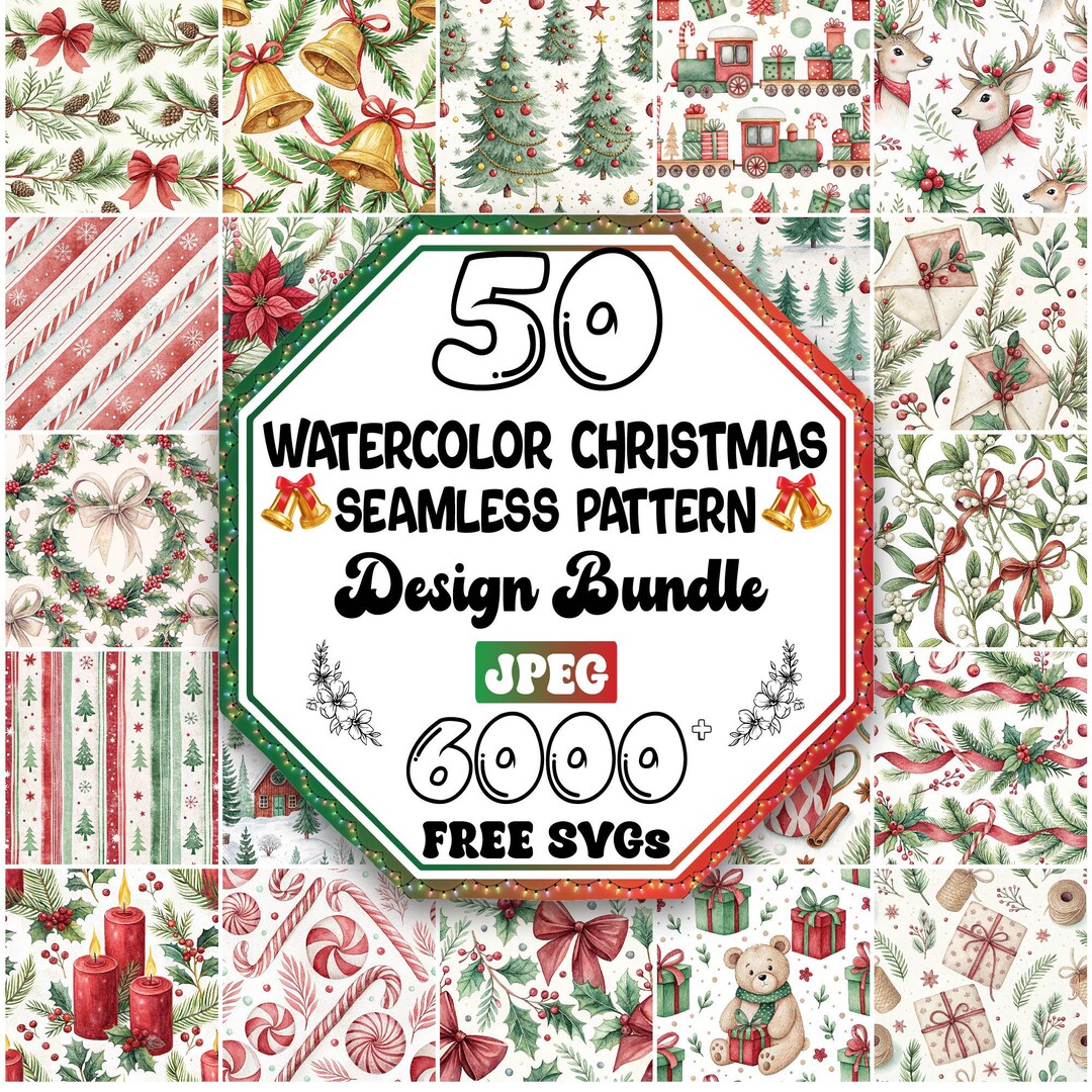 Watercolor Christmas Seamless Pattern Bundle | Holiday Digital Paper ...