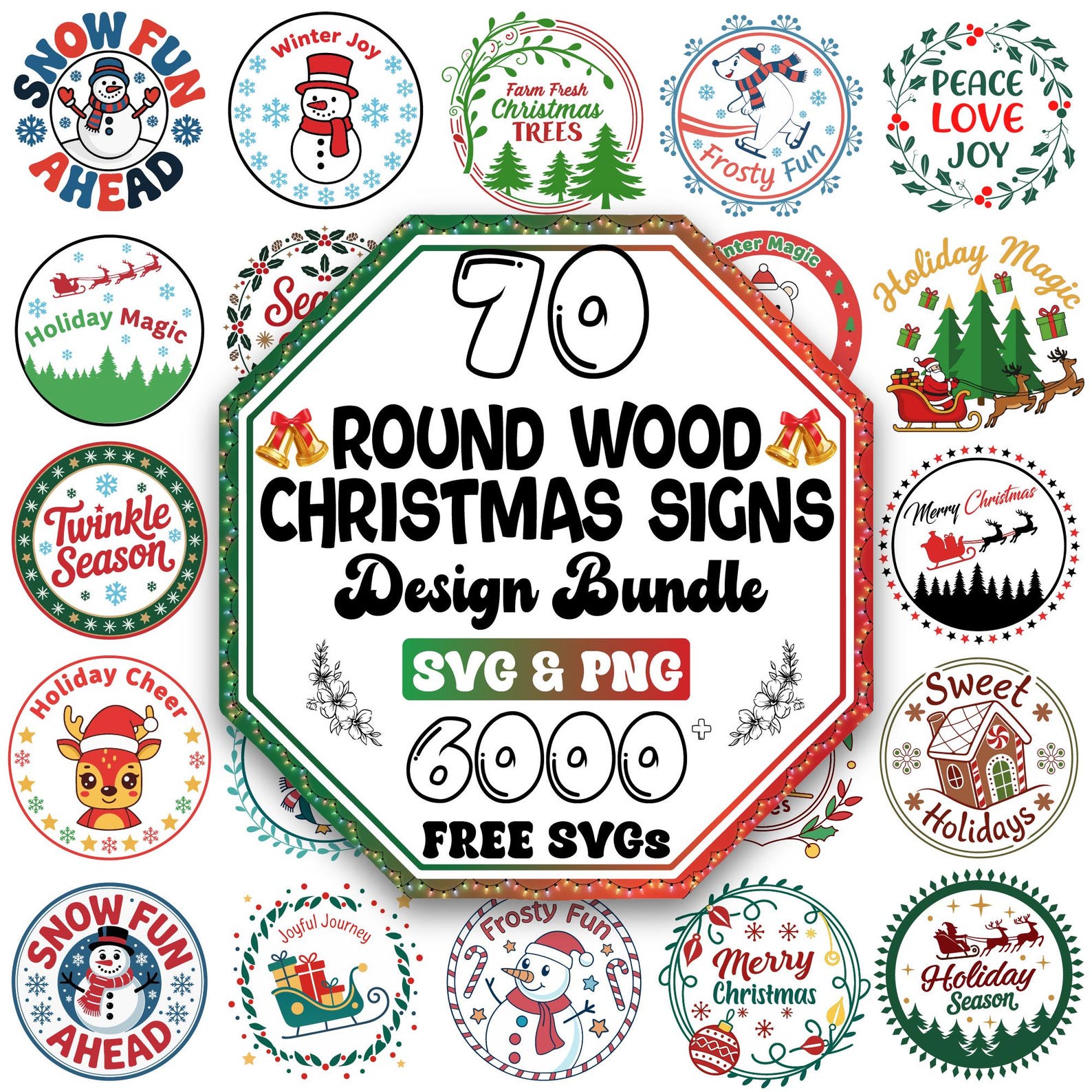 Round Christmas Sign SVG Bundle: Festive Door Hanger Designs (digital ...